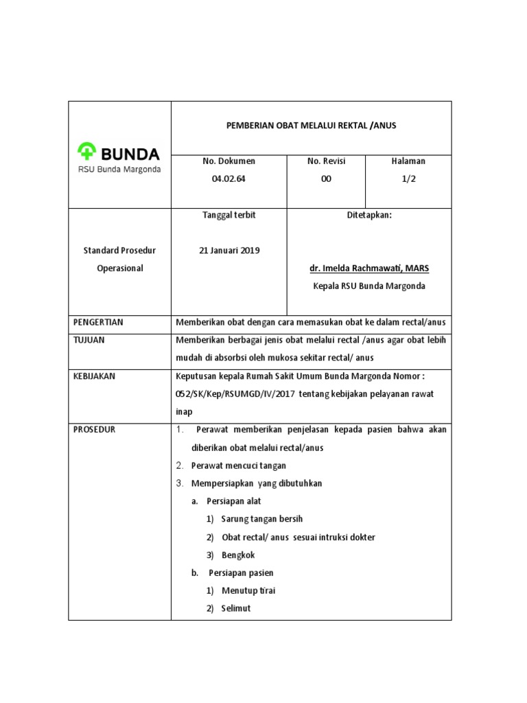 Sop Pemberian Obat Melalui Rektal | PDF