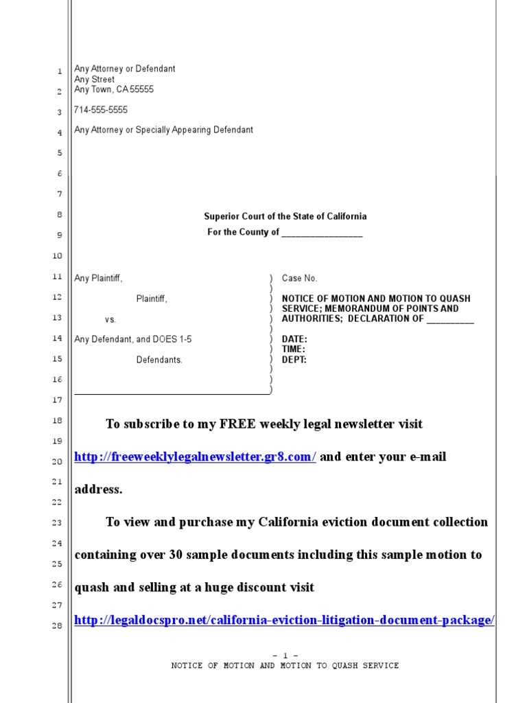 Sample Motion To Quash Service For California Unlawful Detainer ...