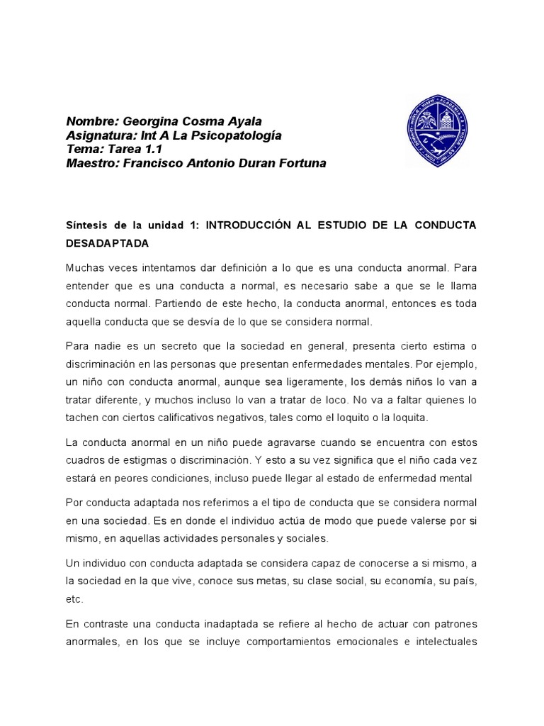 Síntesis de La Unidad 1 - INTRODUCCIÓN AL ESTUDIO DE LA CONDUCTA ...