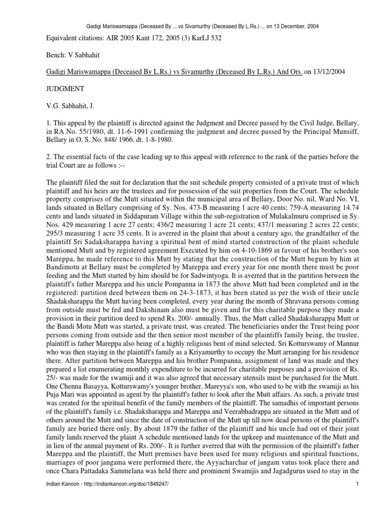 Karnataka High Court On Mutt Case Gadigi - Mariswamappa - Vs ...