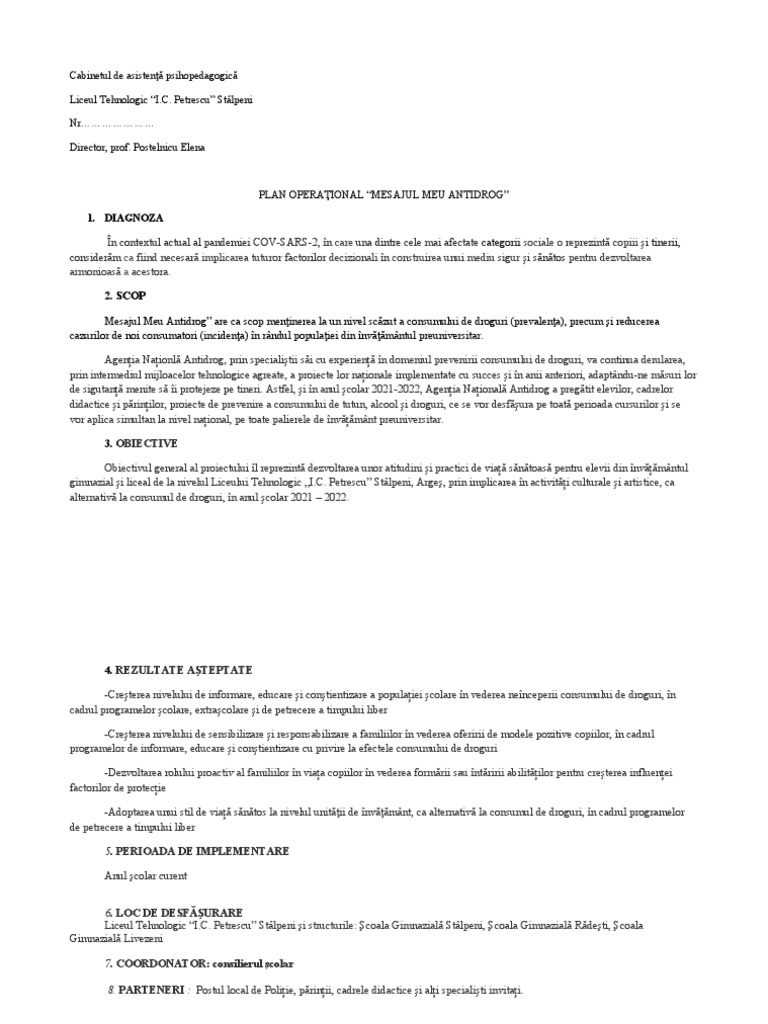 Plan Managerial Mesajul Meu Antidrog | PDF