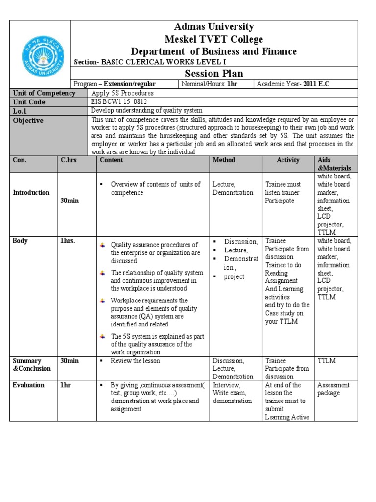 Session Plan: Admas University Meskel TVET College Department of ...