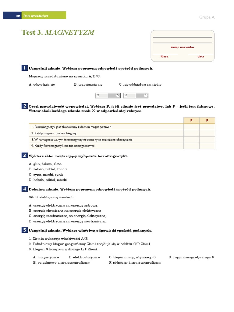 Test Sprawdzajacy 3 Magnetyzm Grupa A | PDF