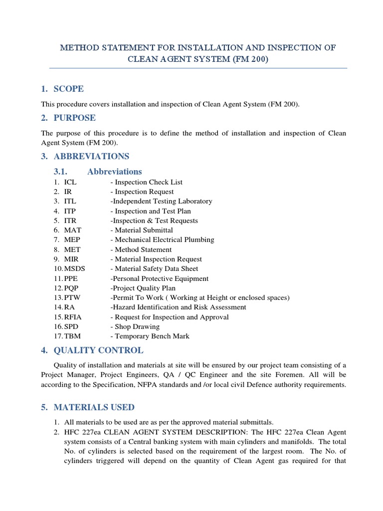 FM 200 Clean Agent System Method Statement | PDF | Pipe (Fluid ...