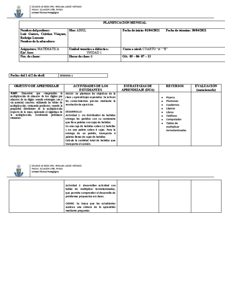 Planificacion ABRIL 4TO BASICO | PDF | División (Matemáticas) | Evaluación