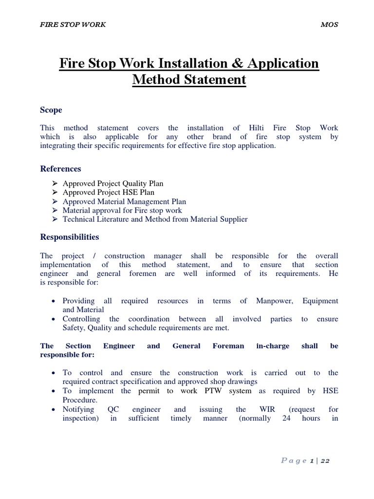 Fire Stop Work Installation & Application Method Statement: Scope | PDF ...