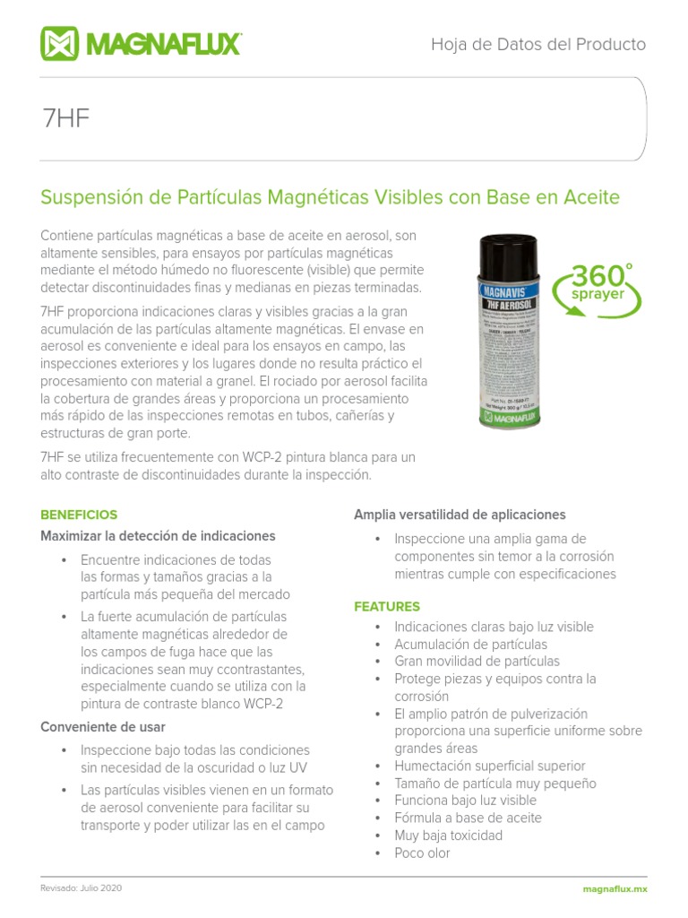 7HF Product-Data-Sheet Espanol | PDF | Aerosol | Materiales