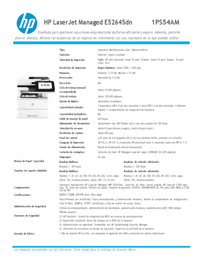 HP Laserjet Managed E52645Dn 1Ps54Am | PDF | Impresora (Computación ...