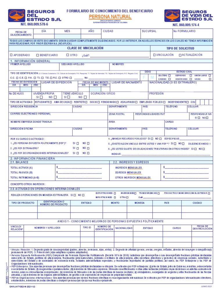 Formulario de Conocimiento Del Beneficiario Persona Natural | PDF | Póliza de seguros | Seguro