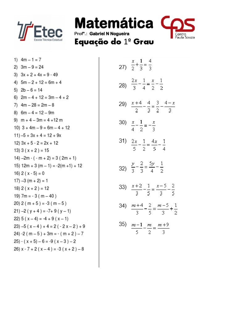 Equações-De-1º-Grau - Lista 1 | PDF