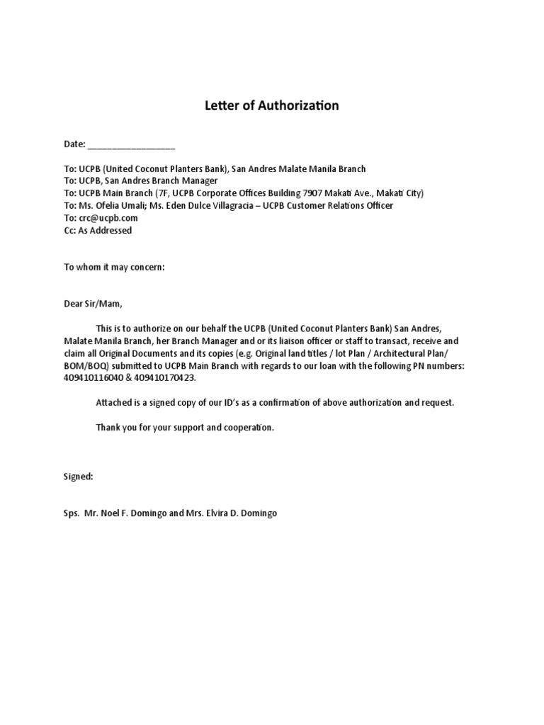 UCPB Loan Document Authorization Letter | PDF