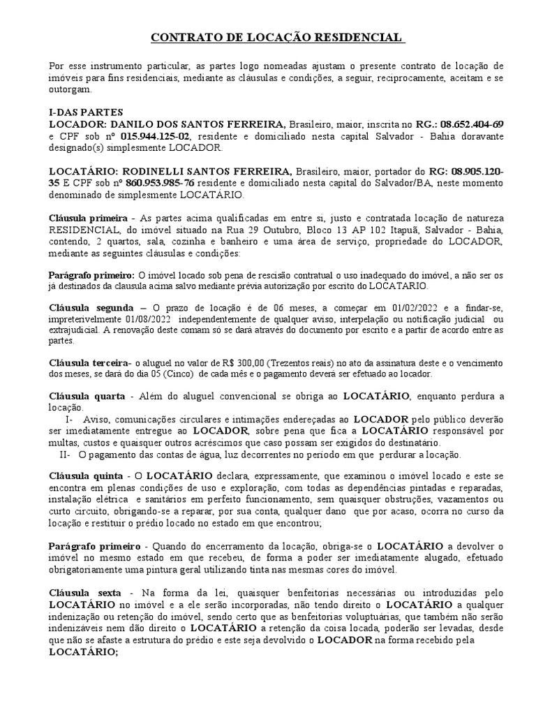 Contrato De Locação Residencial Danilo Pdf Aluguel Conceitos