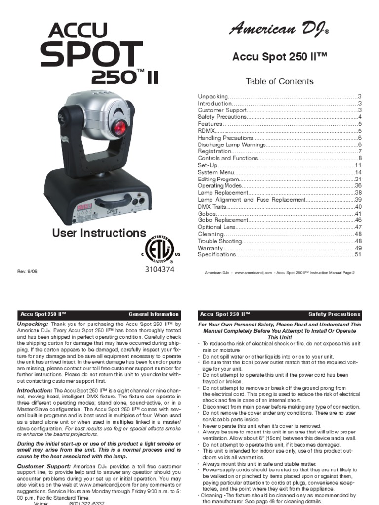 ADJ Accu Spot 250 LL | PDF | Electronics | Electrical Components