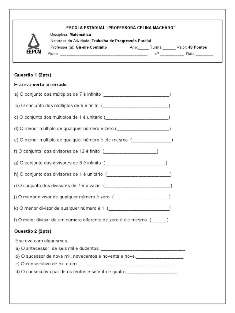 Trabalho de Progressão Parcial Celina Machado 7 Ano | PDF | Calendário | Conjunto (Matemática)