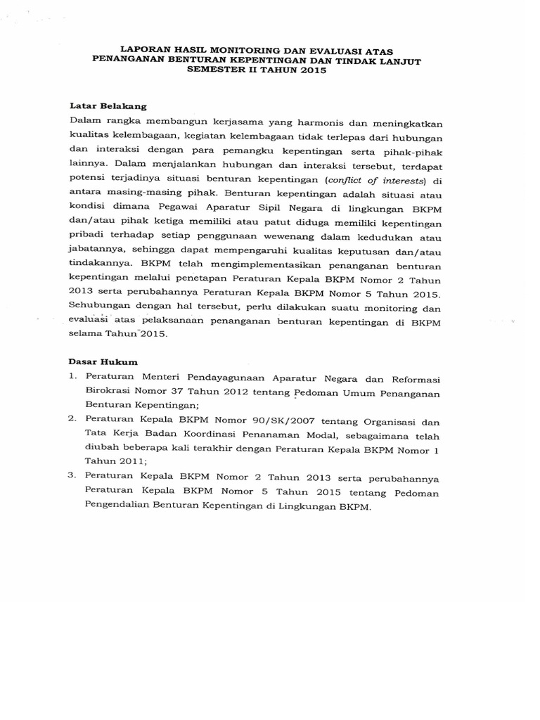 Laporan Hasil Monitoring Dan Evaluasi Atas Penanganan Benturan ... Laporan Hasil Monitoring Dan Evaluasi Atas Penanganan Benturan ...