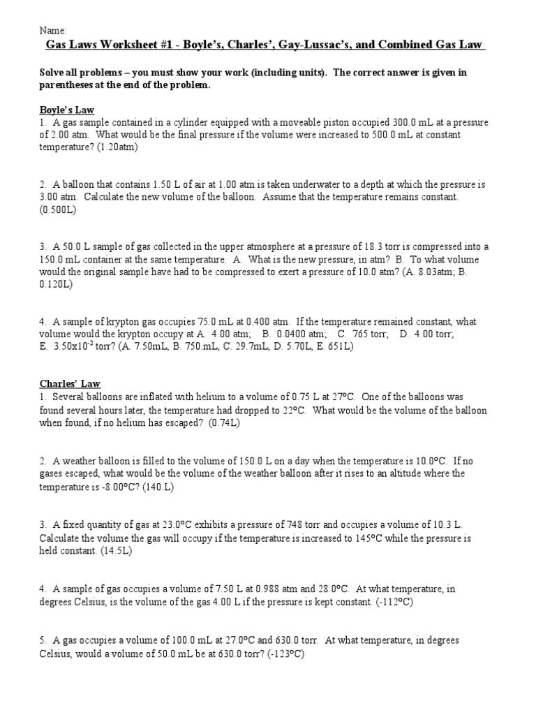 Gas Laws Practice Problems Worksheet | PDF | Gases | Pressure