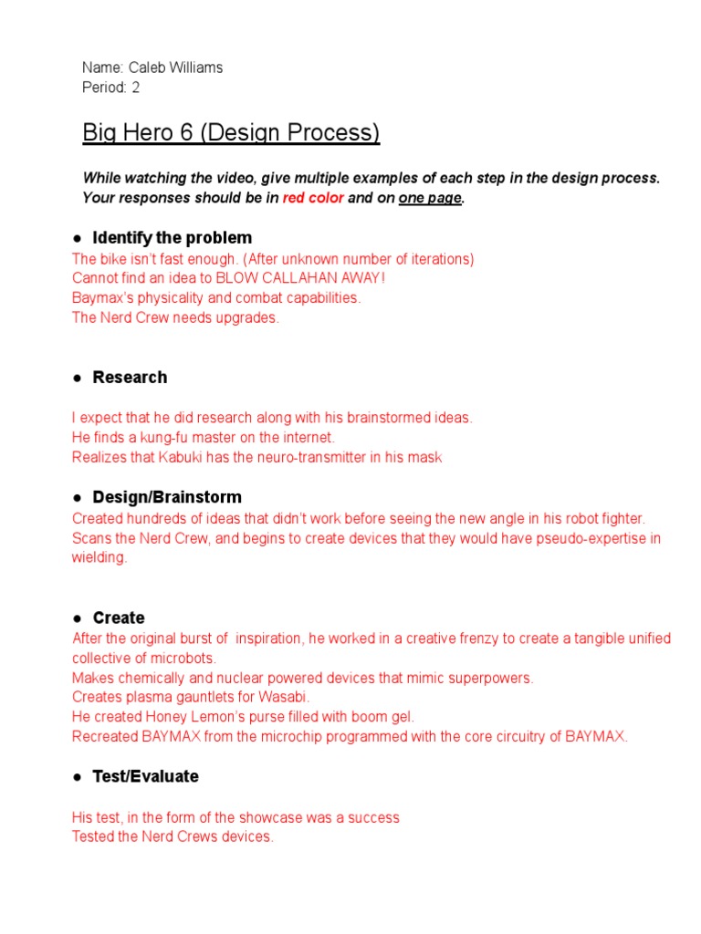 Big Hero 6 (Design Process) - Caleb Williams | PDF