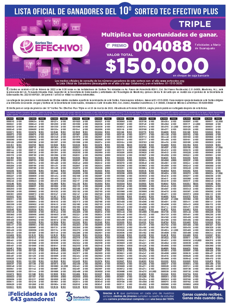 Lista Oficial de Ganadores Del Sorteo Tec Efectivo Plus Triple | PDF