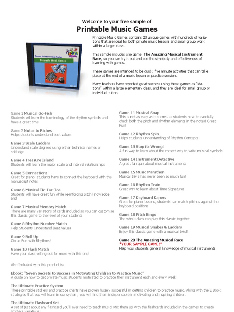 Free Printable Music Games Sample | PDF | Woodwind Instruments | String ...