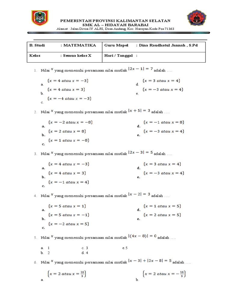 Soal Matematika Kelas X: Nilai Mutlak | PDF