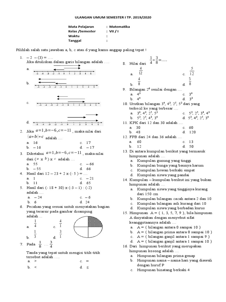 Soal Matematika Kelas 7 SMSTR 1 | PDF