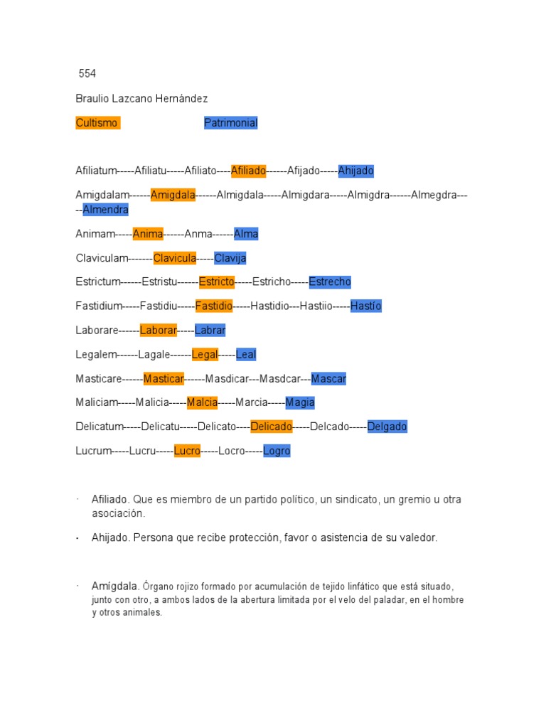 Ejercicio Cultismos y Palabras Patrimoniales 1 | PDF