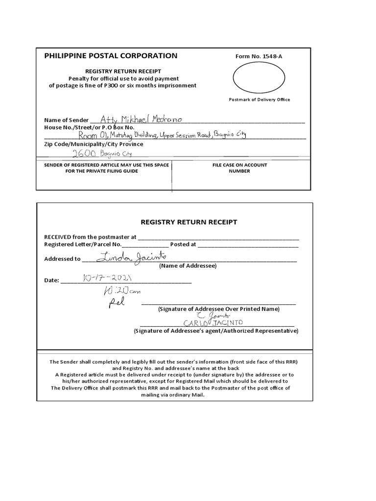 Registry Return Receipt Form 1548-A | PDF