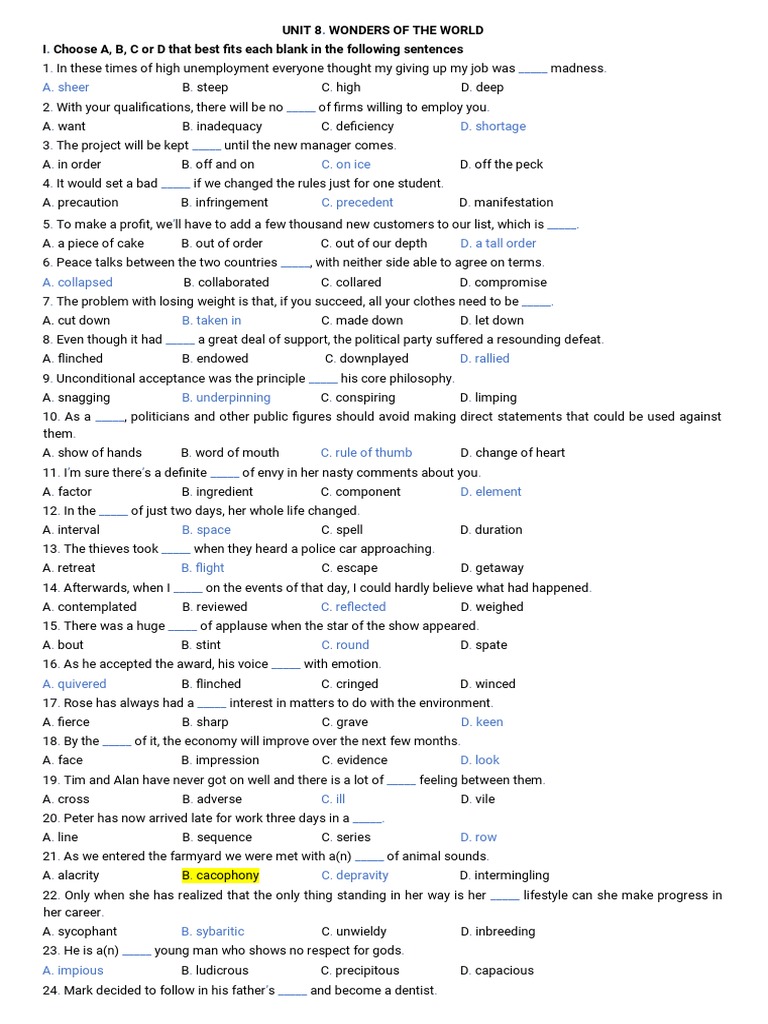 Unit 8 Wonders OF THE World I Choose A, B, C or D That Best Fits Each ...
