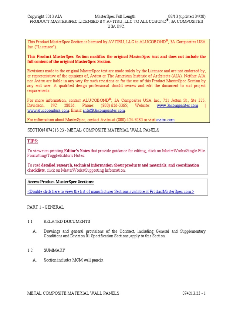 This Product Masterspec Section Modifies The Original Masterspec Text ...