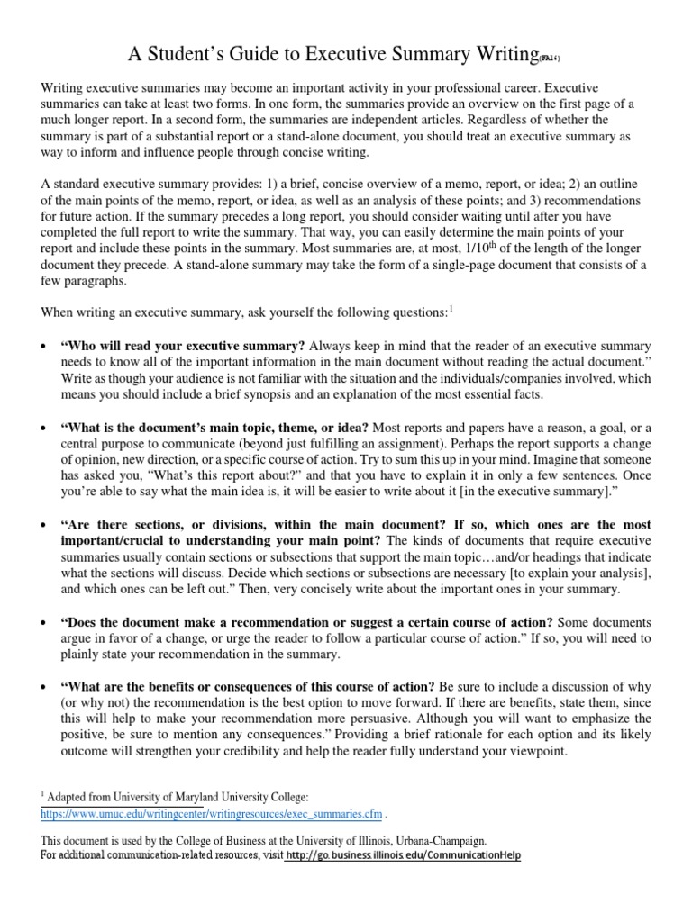 A Student's Guide To Executive Summary Writing | PDF | Memorandum ...