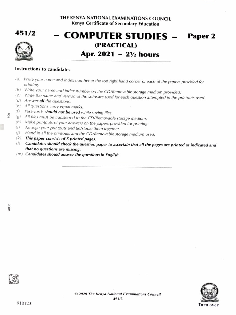 Computer Studies Paper 2: 451/2 (Practical) Hours | Download Free PDF ...