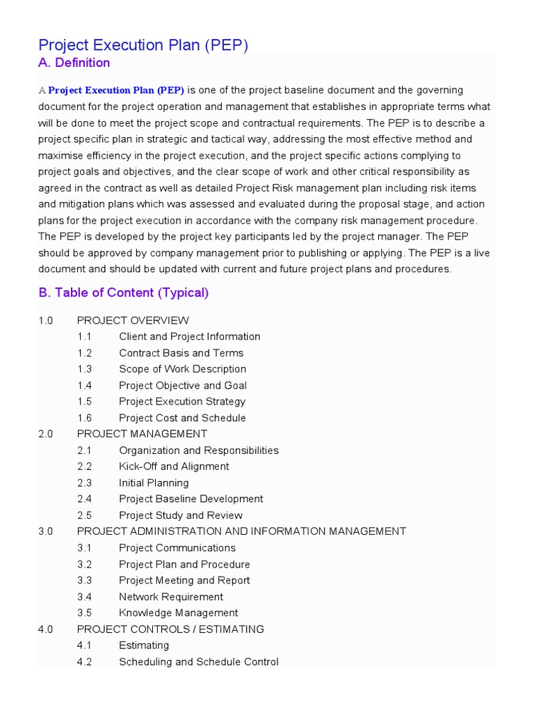 Project Execution Plan (PEP) : A. Definition | PDF | Risk Management ...