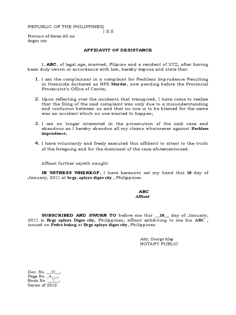 Dokumen - Tips Affidavit of Sample Affidavit o F Desistancedesistance | PDF