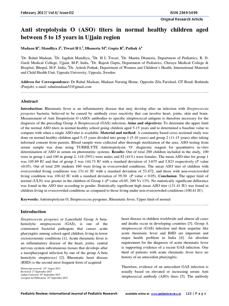 ASO Titers in Healthy Children Aged 5-15 | PDF | Streptococcus | Infection