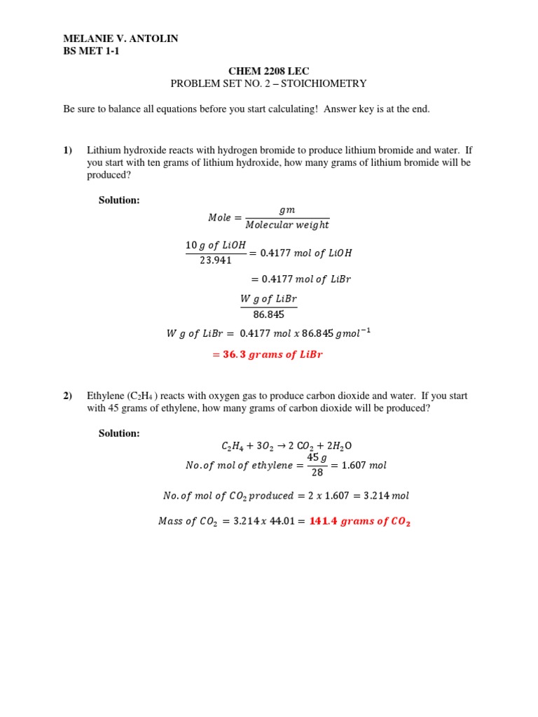 Stoichiometry Problem Set Solutions | PDF | Sulfur Dioxide ...