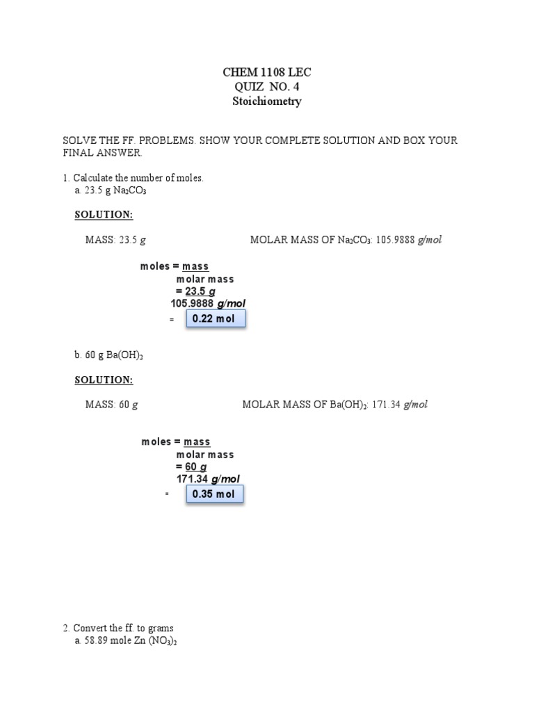 Chem 1108 Quiz No. 4 Stoichiometry NEW VERSION | PDF | Mole (Unit ...