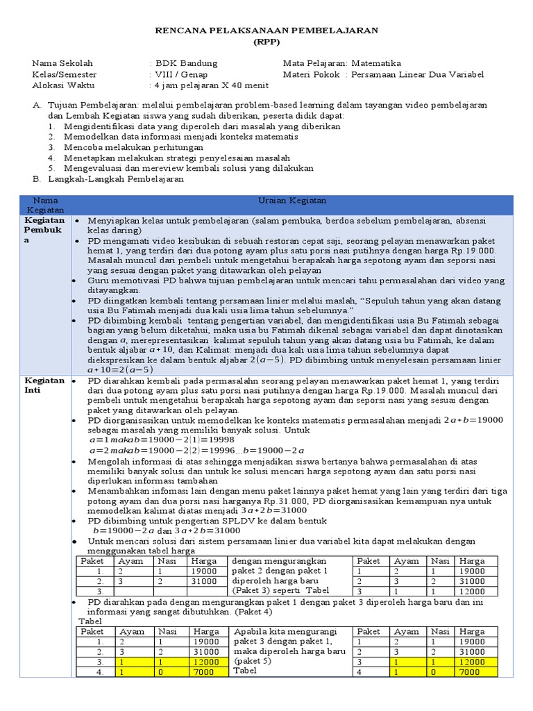 Contoh RPP SPLDV | PDF