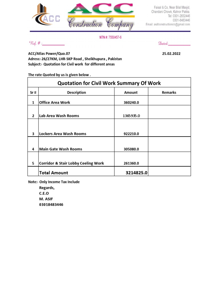Quotation For Civil Work For Summary of Work Quot. 07 | PDF
