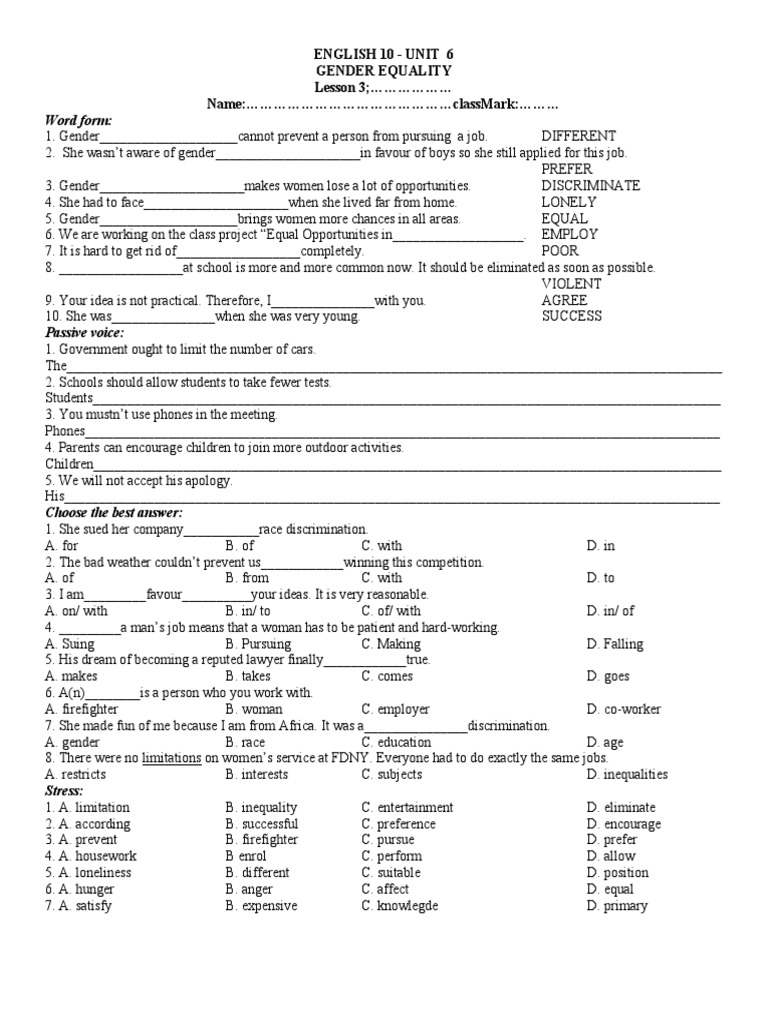 Unit 6 Gender Equality Worksheet 03 | PDF | Critical Theory | Woman