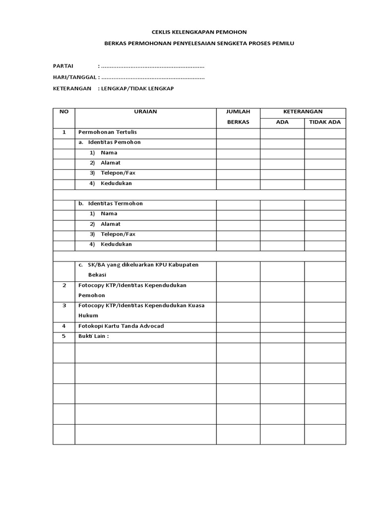 Ceklis Kelengkapan Berkas Ps Pemohon | PDF