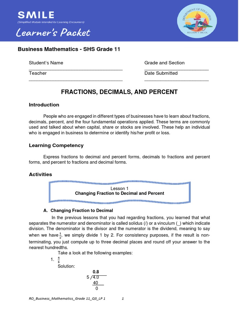 Fractions, Decimals, and Percent: Business Mathematics - SHS Grade 11 ...