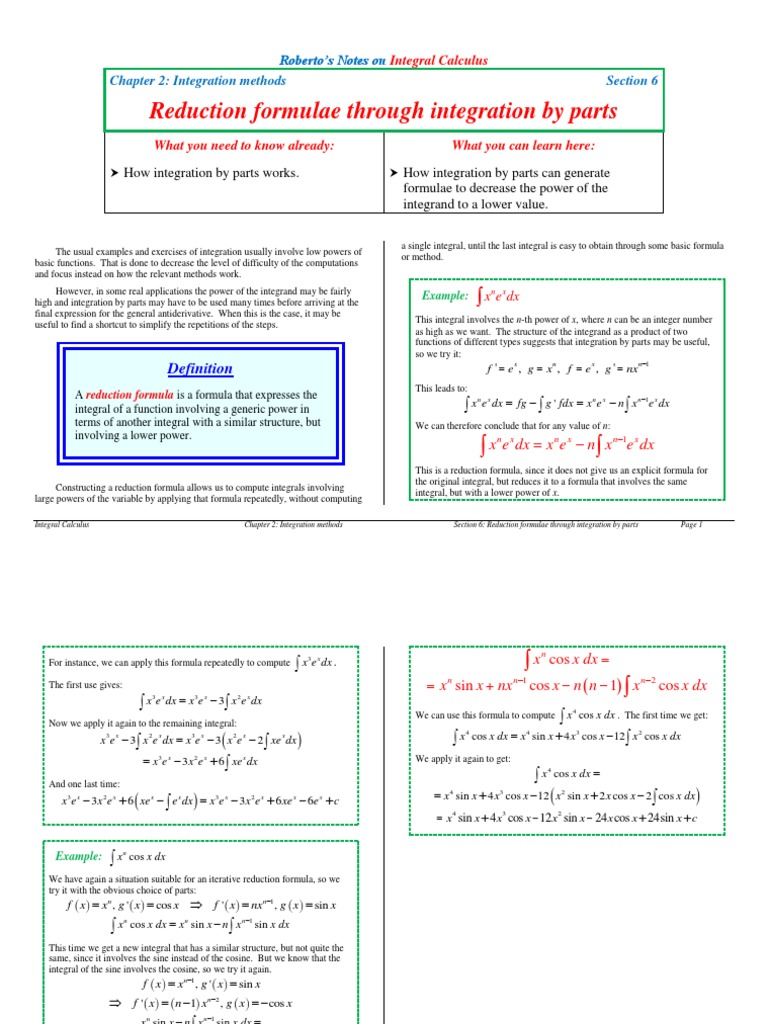I2-6 Reduction Formulae Through Integration by Parts | PDF | Integral ...