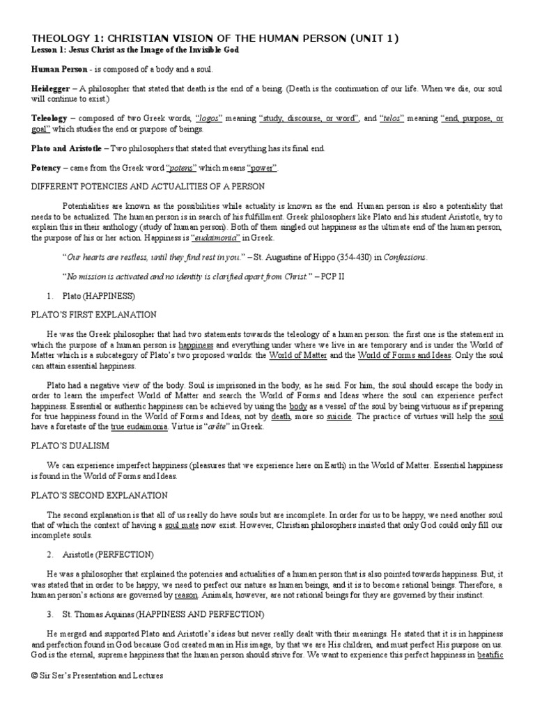 Theology 1: Christian Vision of The Human Person (Unit 1) | PDF | Jesus ...
