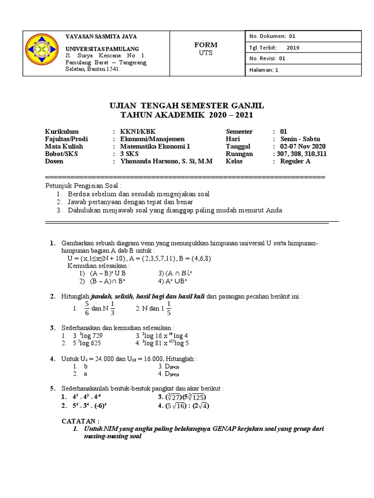 Soal Matek 1 UTS | PDF