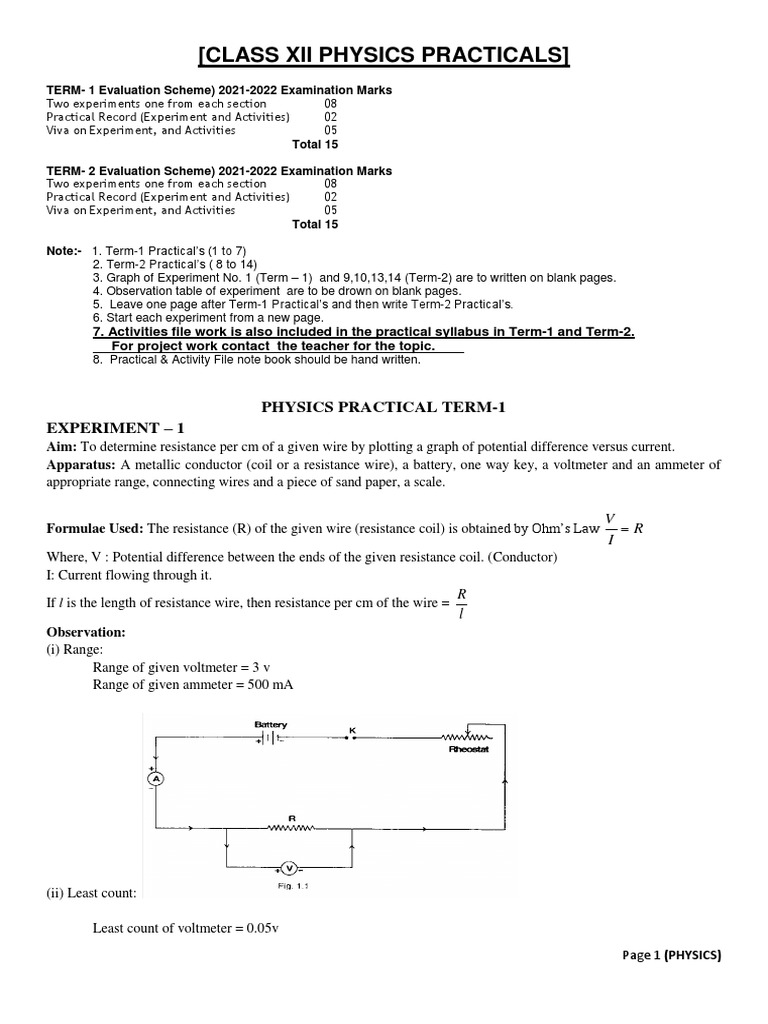 (Class Xii Physics Practicals) : Physics Practical Term-1 Experiment ...