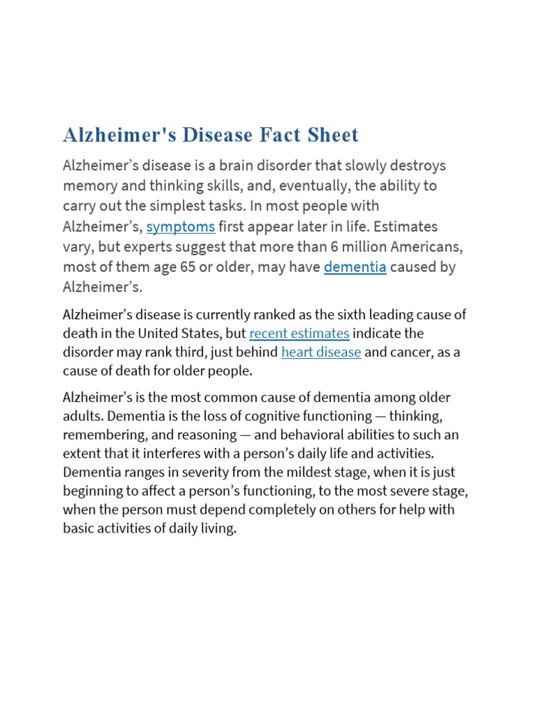 Alzheimer's Disease Fact Sheet: Symptoms Dementia | PDF | Alzheimer's Disease | Dementia