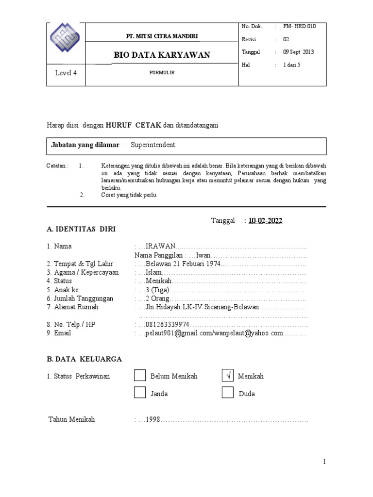 010-Form HRD Data Karyawan | PDF