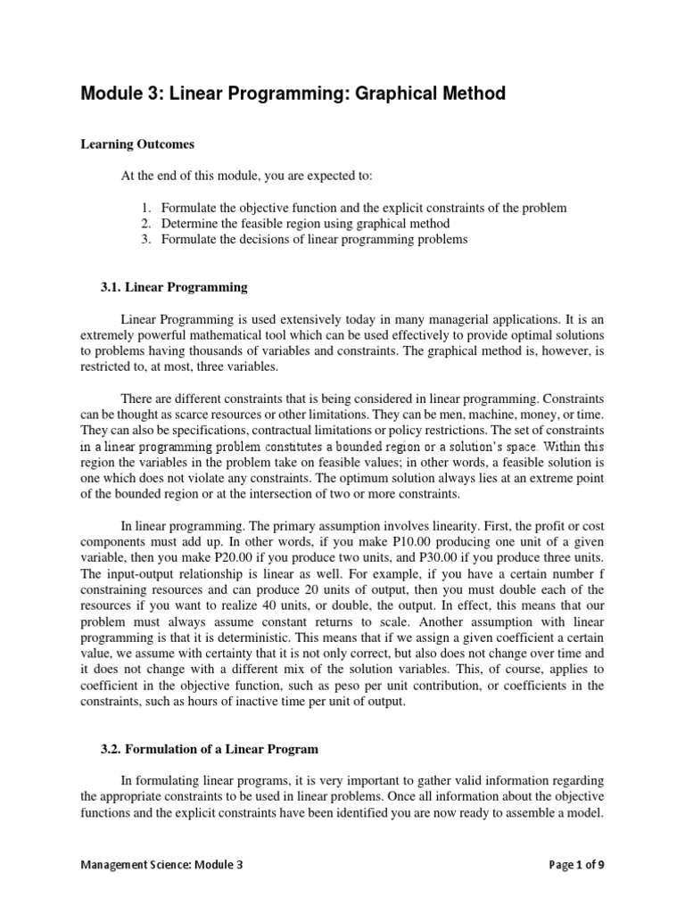 Module 3: Linear Programming: Graphical Method: Learning Outcomes | PDF ...