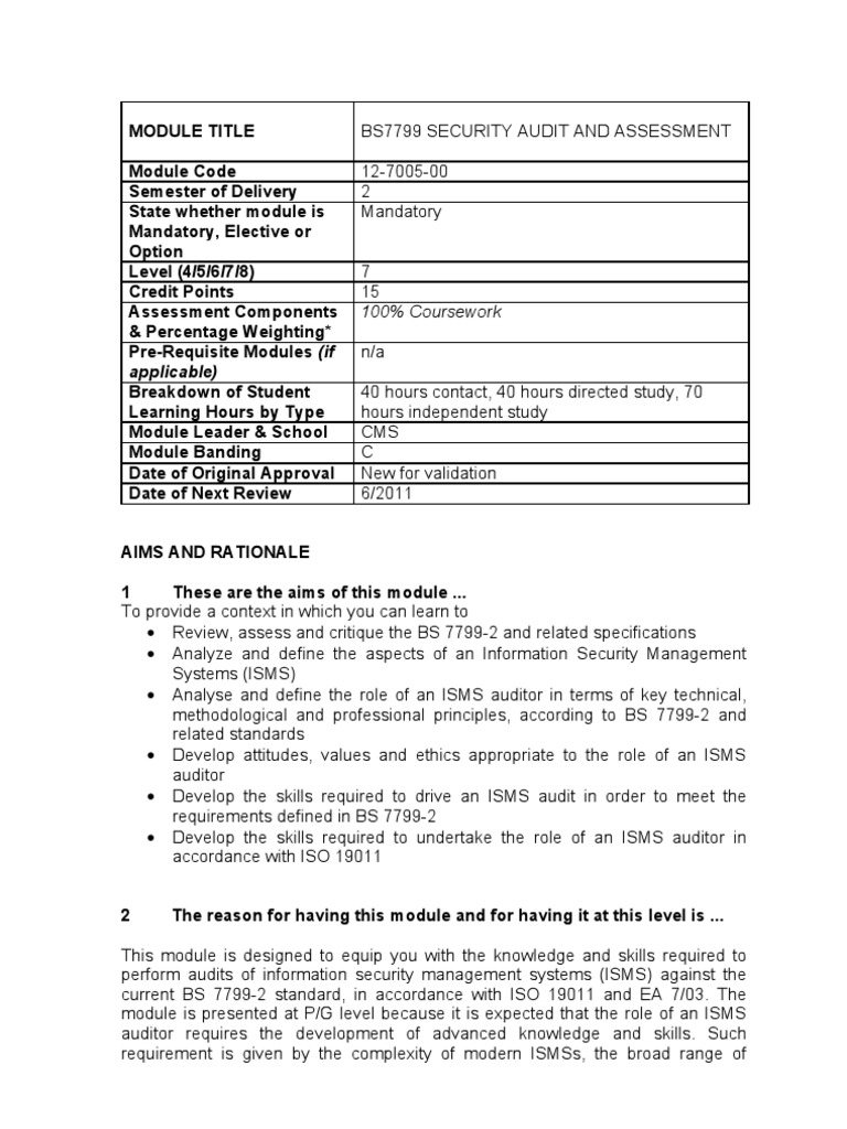 BS7799-2 Security Audit Module | PDF | Information Security | Audit