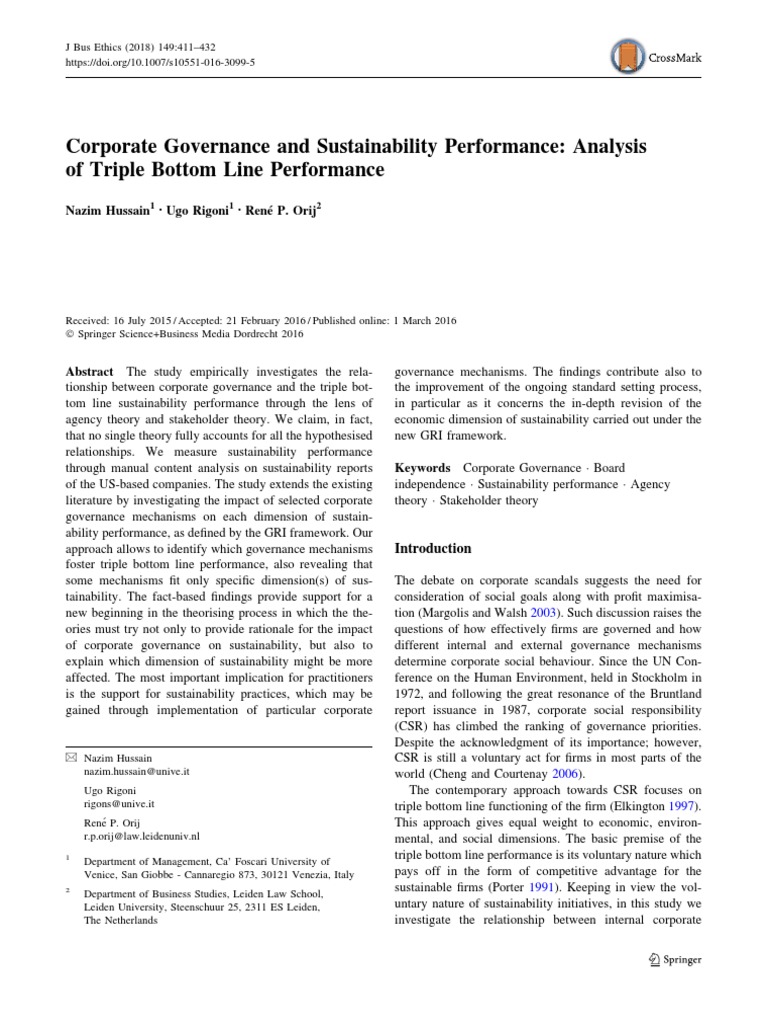 Corporate Governance and Sustainability Performance | PDF | Corporate ...